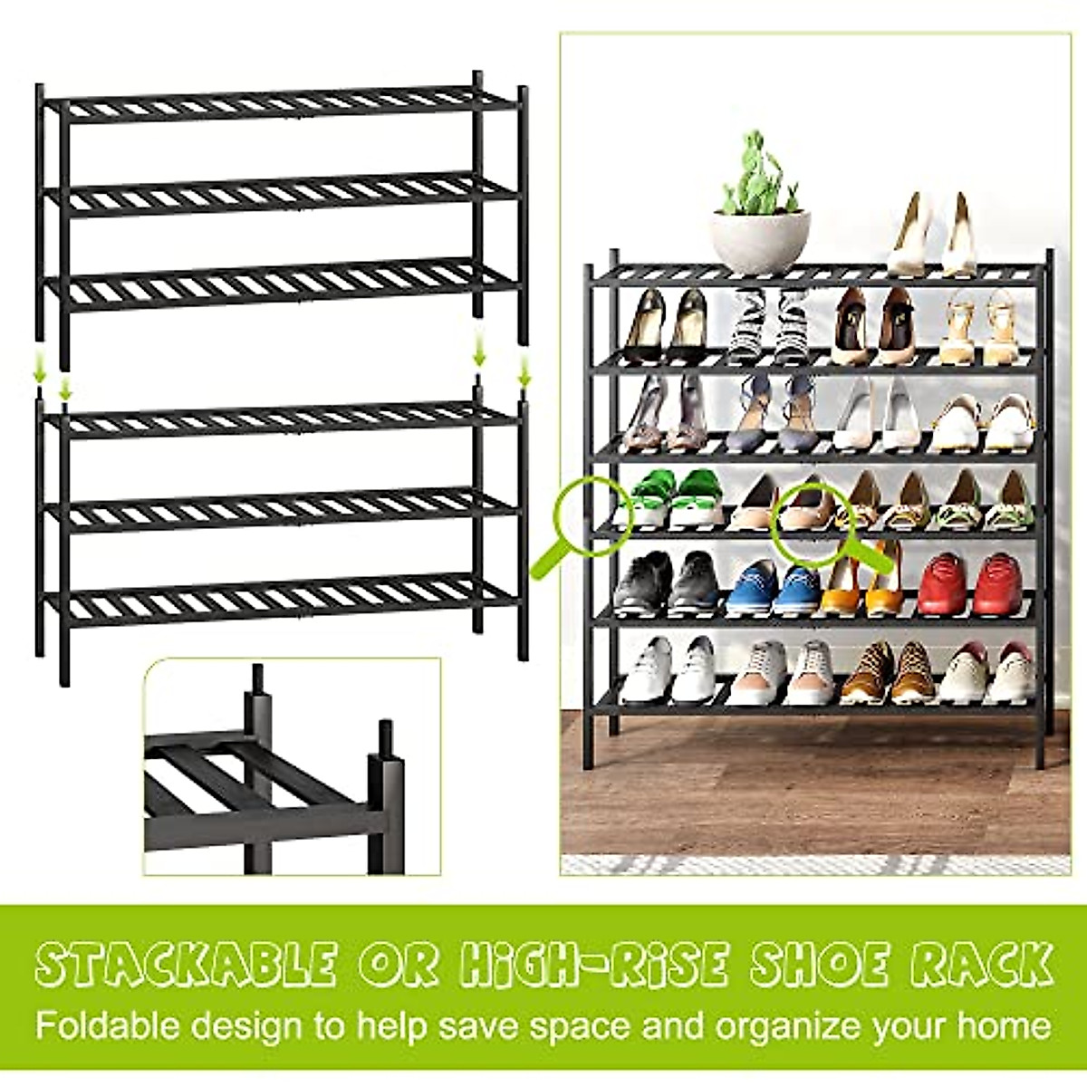 BMOSU Bamboo Shoe Rack for Entryway Stackable Shoe Shelf Premium Storage Organizer for Hallway Closet Living Room Bedroom Organizer(Black, 3-Tier L-33.3")