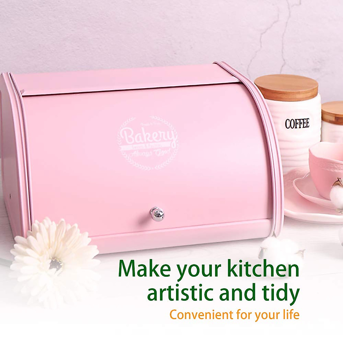 KL X458 Pink Bread Box Roll Top, Metal Bread Box for Kitchen Countertop, Large Capacity, Keeps Bakery Items Fresh Longer, Bread Bin for Kitchen Countertop, Breadbox to Store Cookies, Bagels, Muffins