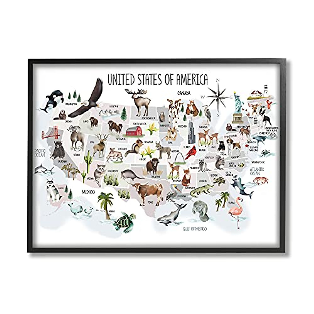 Stupell Industries United States of America Map of Animals Kid's Illustration, Designed by Studio Q Black Framed Wall Art, 24 x 30, Brown
