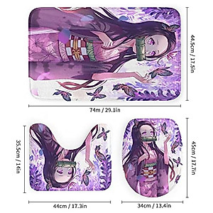 FFIS Anime 𝐃𝐞.𝐌𝐨𝐧 𝐒𝐥𝐚.𝐘𝐞𝐫 𝐍𝐞𝐳𝐮.𝐊𝐨 Bathroom Shower Curtain Set, 4 Piece Bathroom with Waterproof Shower Curtain and Non Slip Shower Mat & Toilet Lid Cover Mat U Carpet