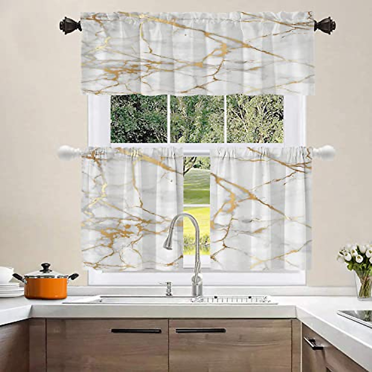 Shrahala Marble Golden Gold Kitchen Valances Half Window Curtain, Abstract Gold and White Marble Pattern Kitchen Valance for Window Ink Printing Valances Curtains for Kitchen Decor 52x18 inch(2pcs)