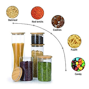 GC GENICOOK Glass Food Storage Jars,Spaghetti Pasta Storage Container,Borosilcate Glass Canister Set with Eco-Friendly Bamboo Lids for Noodles Flour Cereal Coffee Beans - 10 pcs set (Round