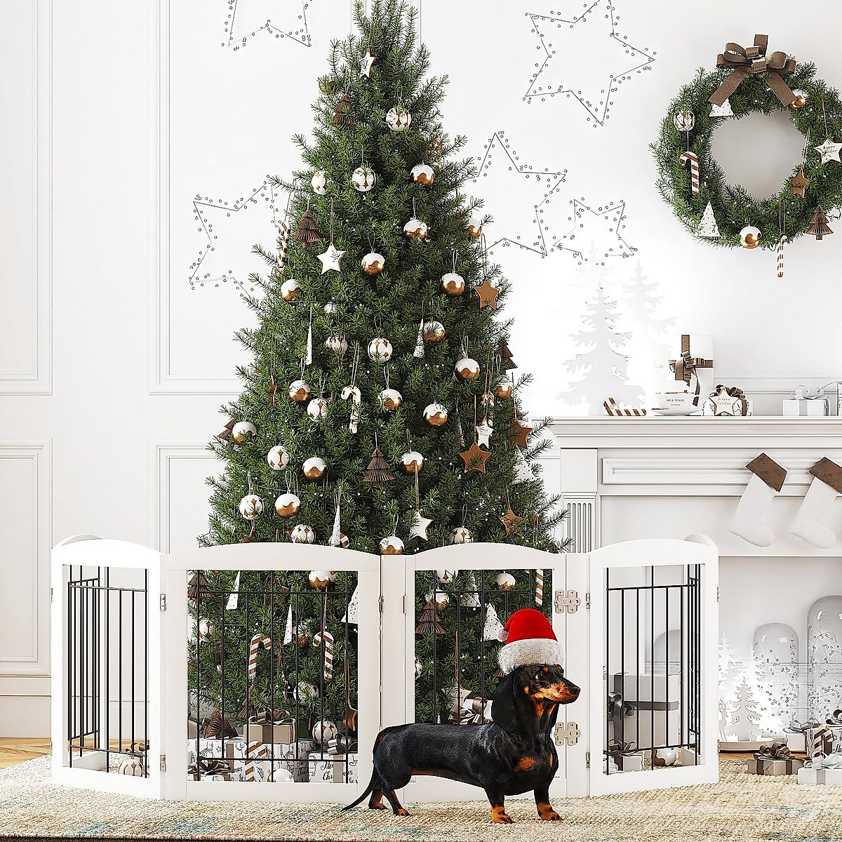 Spirich Extra Wide Dog Gates with Walk Through Door, Wooden Freestanding Pet Gate for Dog, Dog Gate for The House, Doorway, Stairs, 120" Wide Pet Puppy Safety Fence with 6 Panels (White)