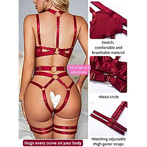 Kaei&Shi Garter Belt Thong Lingerie for Women,Strappy Hollow Out Underwire Racerback Sexy Lingerie,Harness Garter Leg Strap Matching 4 Piece Lingerie Set Boudoir Burgundy Medium