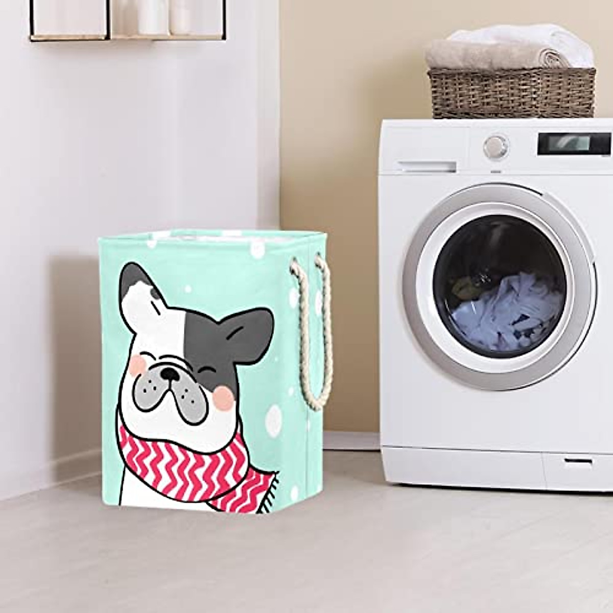 Inhomer French Bulldog Winter Large Laundry Hamper Waterproof Collapsible Clothes Hamper Basket for Clothing Toy Organizer, Home Decor for Bedroom Bathroom