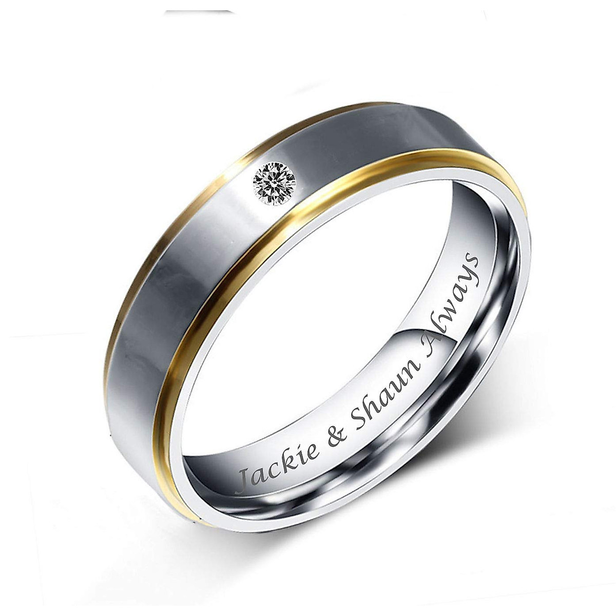 Personalized Women's Two Tone Silver & Gold Stainless Steel Promise Ring Custom Engraved Free - Ships from USA