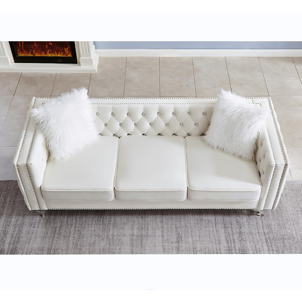 i-POOK 83" 3-Seater Chesterfield Sofa Couch, Tufted Upholstered Sofa with 2 Plush Pillows, Crystal Legs and Nailhead Trim Arms, Diamond Comfy Sofa for Living Room, Office, Guests Room, Beige