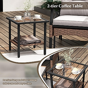 Tangkula 5 Pieces Wicker Patio Furniture Set, Outdoor Rattan Chairs with Ottomans, Cushions and 2-Tier Tempered Glass Side Table, Patio Conversation Bistro Set for Garden, Porch, Balcony