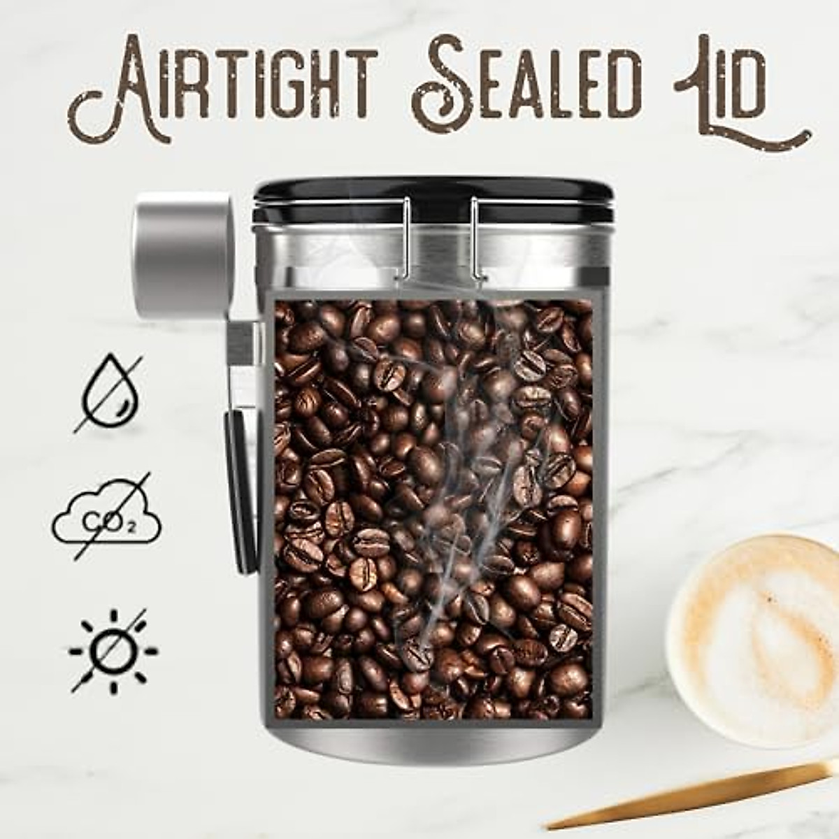 Kitcoff Coffee Grounds and Beans Container Canister with Date Tracker, CO2-Release Valve and Measuring Scoop - Made of Stainless Steel with Airtight Lids - Large, 22oz, White w/Wood Print Lid