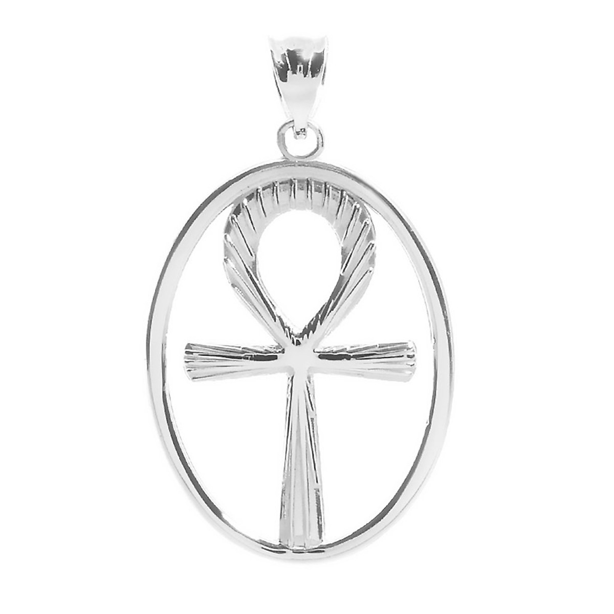 Solid 925 Sterling Silver Cut-Out Oval Egyptian Ankh Cross Pendant