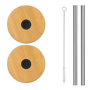 Cafezi Bamboo Lids Mason Jar Lids with Stainless Steel Straws,Reusable Lids with Straw Hole,2 Straws and 1 Straw Brush,Bamboo Mason Jar Lids for Wide and Regular Mouth Mason Jar