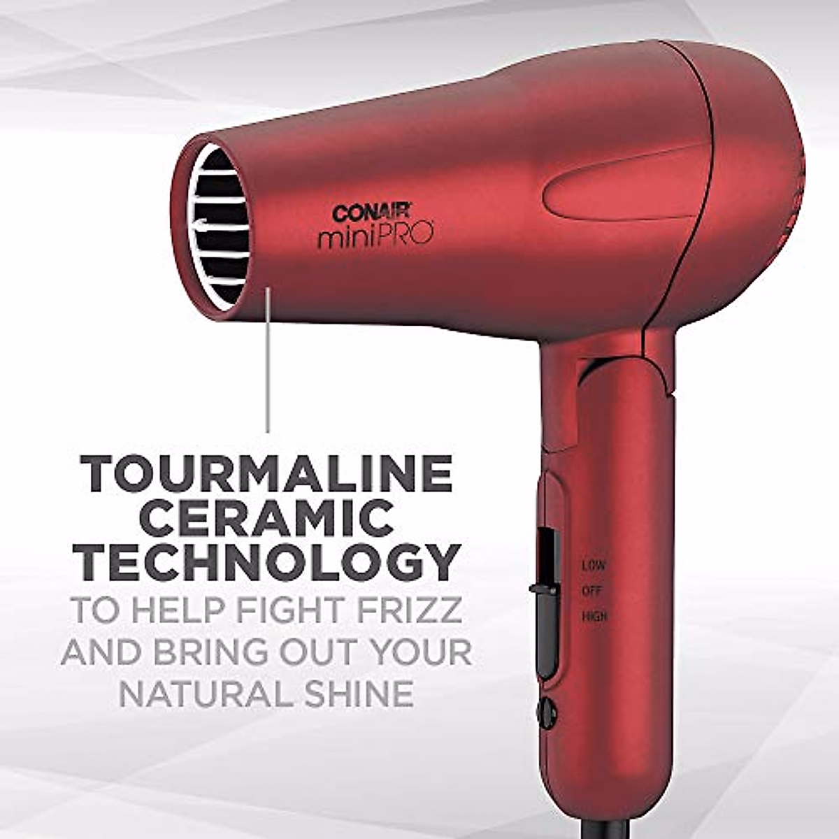 Conair miniPRO Tourmaline Ceramic Travel Hair Dryer with Folding Handle, Red