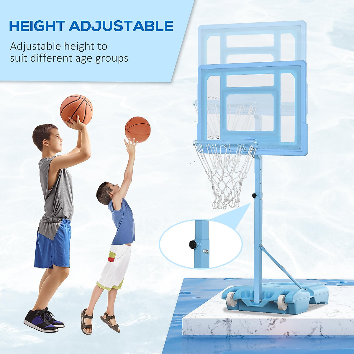 Soozier Poolside Basketball Hoop Stand, 36.5"-48.5" Height Adjustable Portable Hoop System w/Clear Backboard & Fillable Base for Whole Family, Blue, White