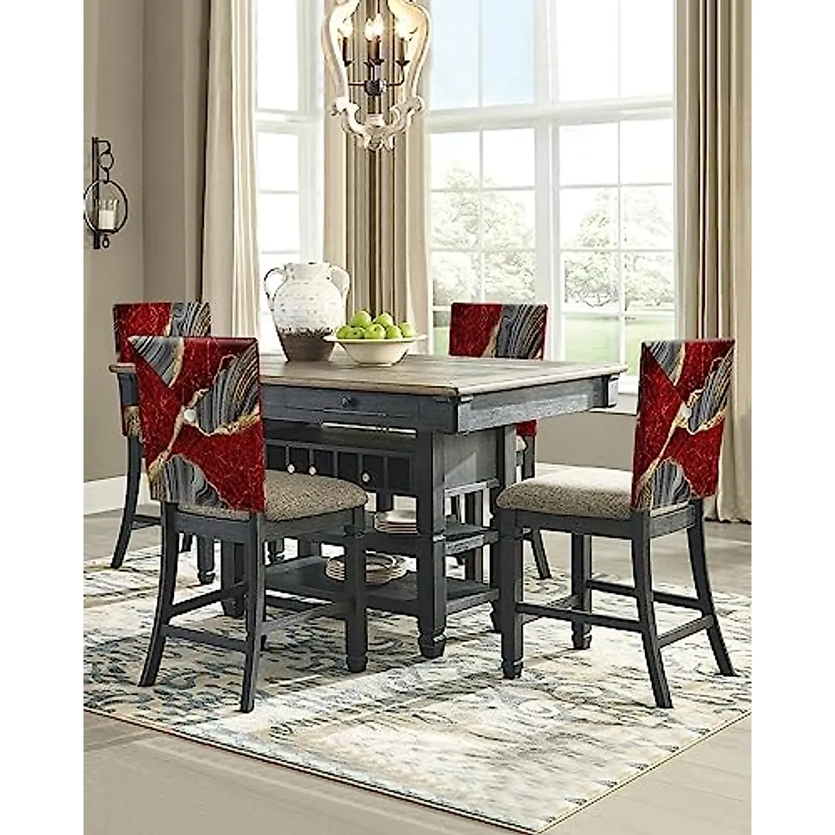 Abstract Chair Back Cover for Dining Room,Santa Hat Chair Slipcovers Set of 4, Burgundy Red Golden Gray Marble Washable Kitchen Chair Back Covers for Home Dinner Party Events Modern Fluid