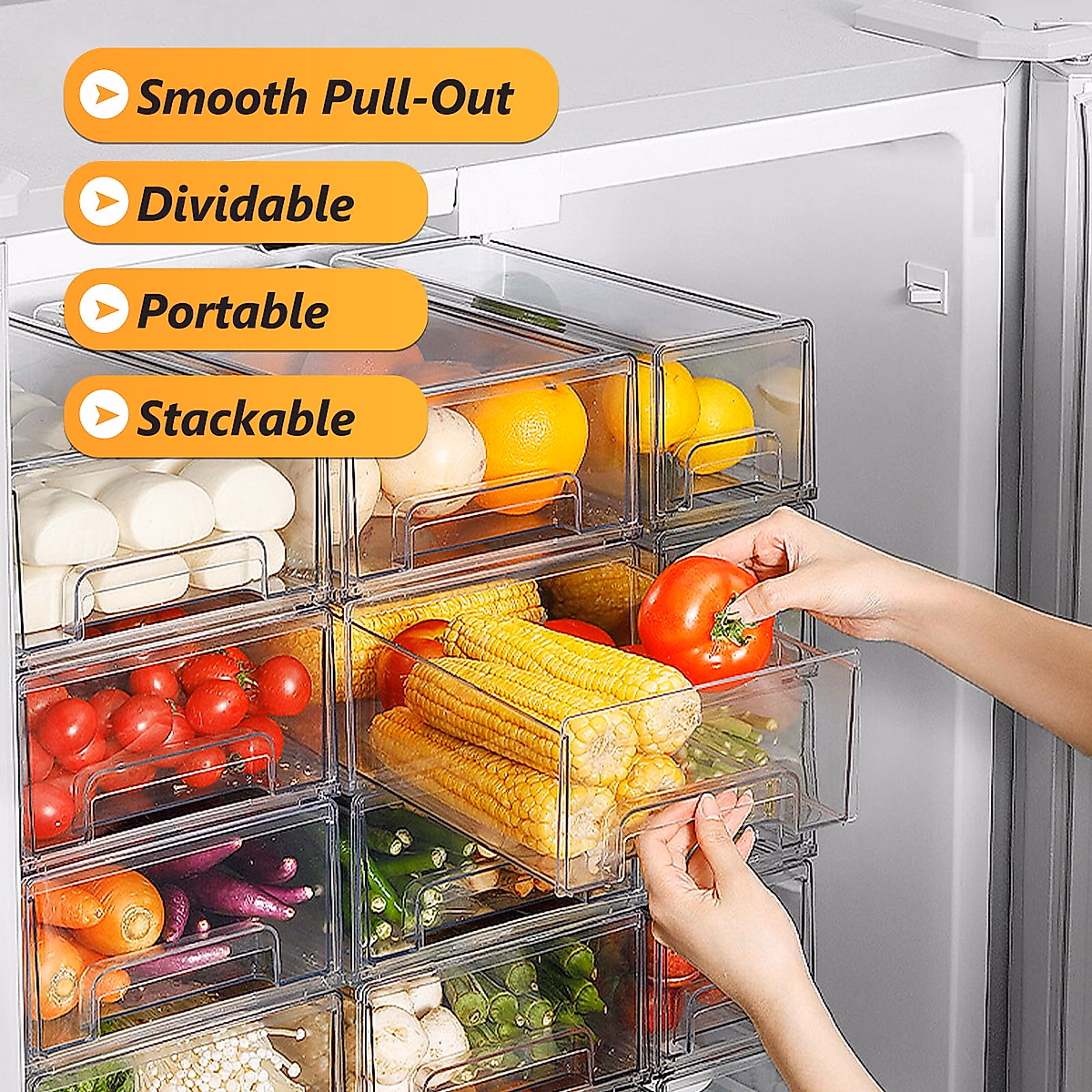 tipatyard Fridge Drawers 4 Pack Clear Pull Out Stackable Food Storage Containers Box Refrigerator Drawer Organizer Bins with Handle
