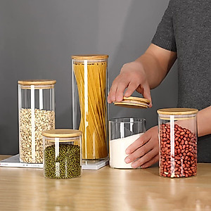 Set of 5 Borosilicate Glass Jars with Bamboo Lids, Glass Food Storage Containers Set, Airtight Sealable Containers for Sugar Candy Cookie Rice and Spice Jars