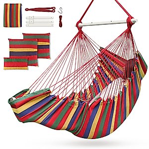 Outerman Hammock Chair, Hanging Chair with 3 Cushions and Foot Rest Support, Durable Metal Spreader Bar Max 440 Lbs, Swing Chair for Bedroom, Indoor & Outdoor, Patio, Porch or Tree（Red）