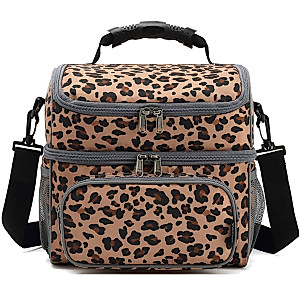 FlowFly Double Layer Cooler Insulated Lunch Bag Adult Lunch Box Large Tote Bag for Men, Women, With Adjustable Strap,Front Pocket and Dual Large Mesh Side Pockets,Leopard