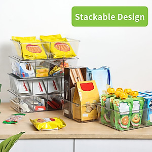 Moretoes 6 Pack Clear Plastic Storage Bins with Dividers, Food Storage Organizer Bins for Pantry Kitchen Fridge Cabinet Organization, 4 Compartment Holder for Organize Packets Spices Pouches Snacks