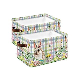 Spring Easter Storage Bins 2 Pack, Waterproof Storage Baskets for Shelves Closet, Colorful Checkered Bunny Easter Eggs Flowers Storage Basket Foldable Storage Box Cube Storage Organizer with Handles