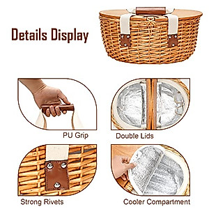 Picnic Basket Set for 2 with Insulated Cooler Bag and Cutlery Service Kits, Wooden Lids & Handles Willow Picnic Hamper Basket W/Lining for Camping, Party, Wedding, Halloween, Christmas (White)