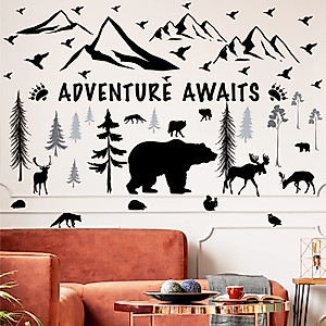 4 Sheets Mountain Wall Decal Rustic Nursery Wall Decals Dreamy Forest with Pine Tree Deer Peel and Stick Inspirational Quote Wall Stickers DIY Wall Decals for Kids' Room (Black,19.69 x 15.75 Inches)