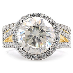 SAVEARTH DIAMONDS Split Shank Design, 4 1/2 cttw Center 10MM Round Cut Lab Created Moissanite Diamond Halo Bridal Set Ring 10K Solid Yellow Gold (VVS1 Clarity, 4.50 Cttw)-7.5