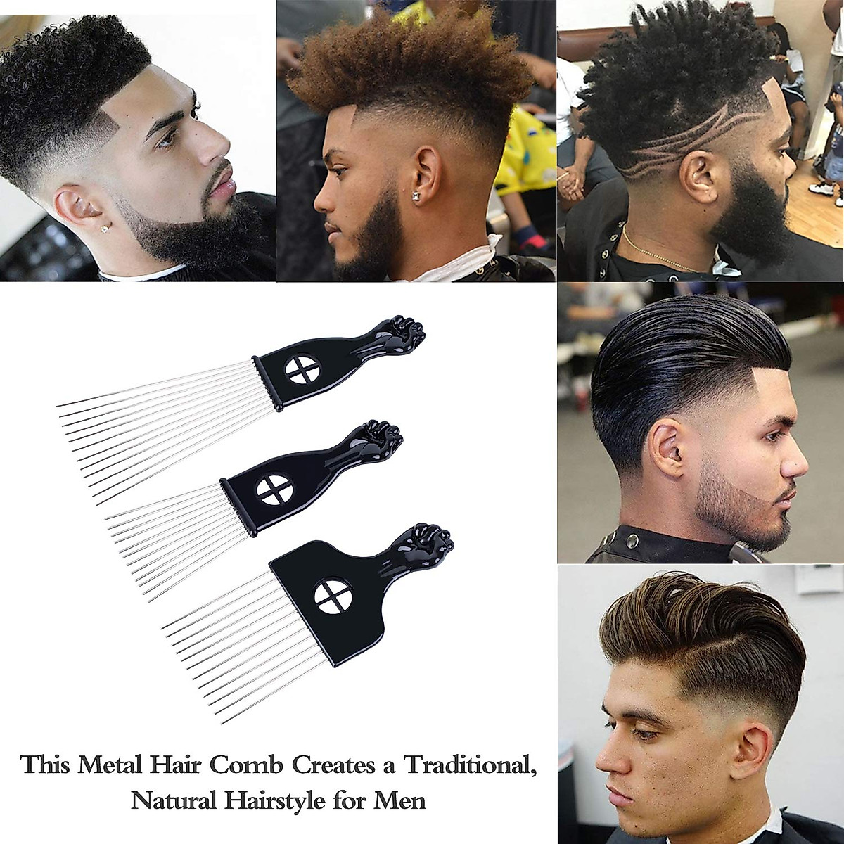 LEADUWAY 3 Pcs Hair Pick, Metal Picks for Afro Hair, Hair Picks for Women and Men, Afro Combs, Fist Pick for Hair, Hair Comb for Hair Styling Black