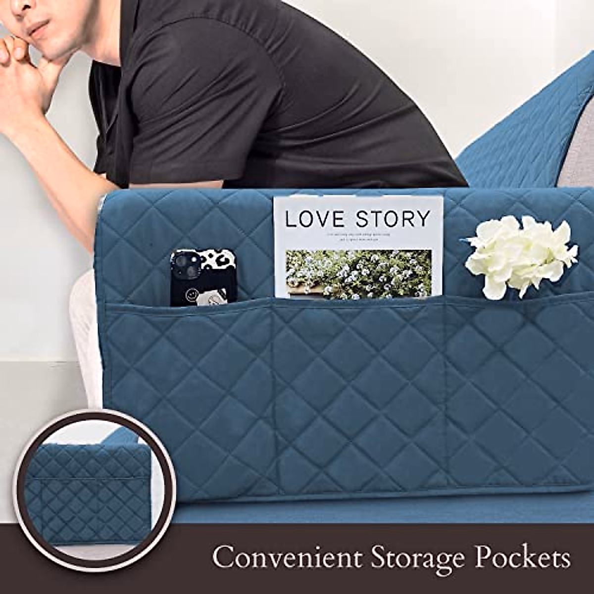 VANELUX Reversible Washable Sofa Slipcover Soft Quilted Water Resistant Couch Cover with Non Slip Foam and Elastic Straps Protector for Pets, Cats, Dogs, Kids(Blue/Light Blue, 4 Seater Sofa 88")