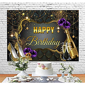 InMemory Black and Gold Happy Birthday Backdrop Banner for Women Sequin High Heel Champagne Purple Bday Photography Background for Adult Queen Birthday Party Decor Supplies Photo Booth Backdrops 5x3ft