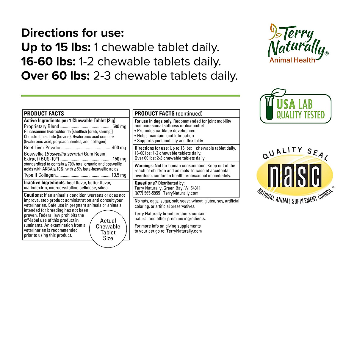 Terry Naturally Animal Health Active Mobility - 60 Beef-Flavored Chewable Tablets - Supports Joint Health with Glucosamine, Chondroitin & Collagen - Canine Only - 60 Servings