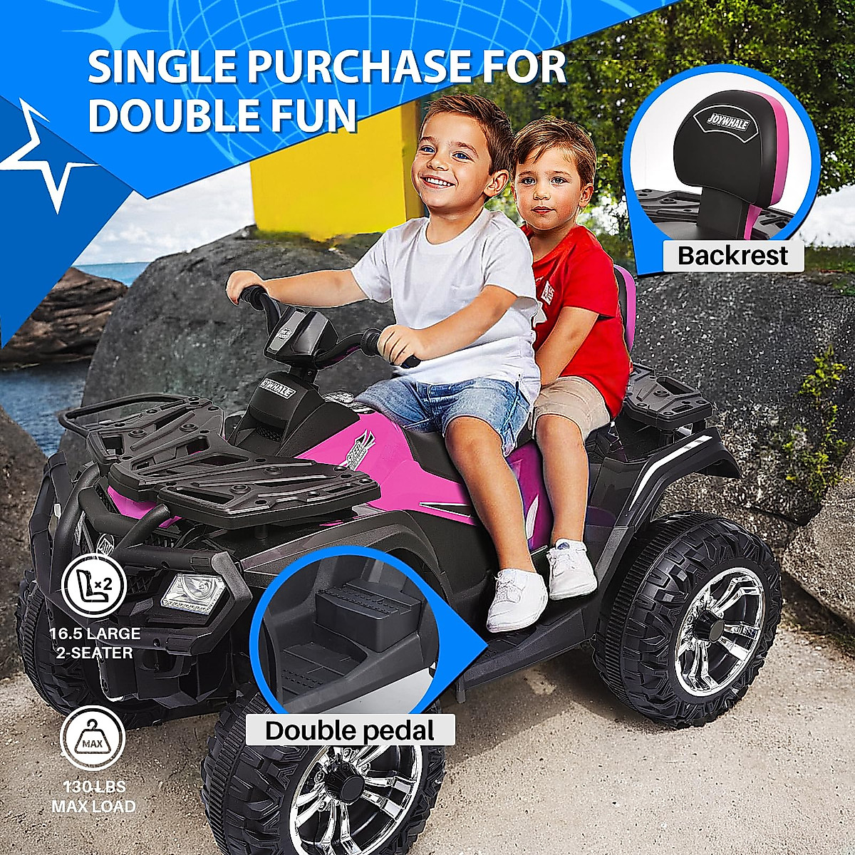 Joywhale 24V 2-Seater Ride on ATV 4WD Quad Powerful 4-Wheeler Electric Car for Big Kids, with 400W Strong Engine, 9AH Large Battery, Metal Suspension, Soft Braking, Music & Bright Headlights, Pink