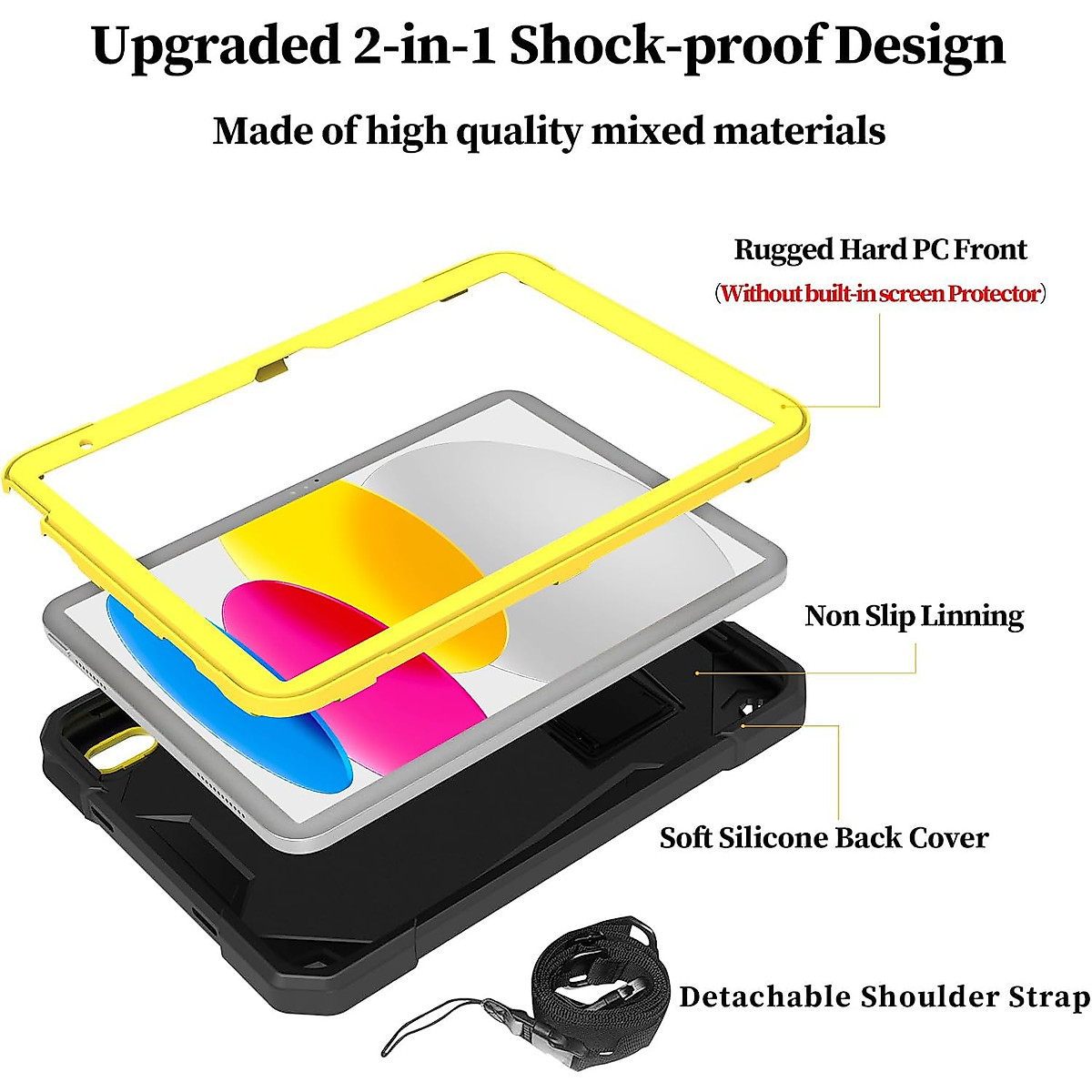 HOGENL for iPad 10th Generation Case, for iPad 10.9 Inch Case for Kids with Pencil Holder Kickstand Shoulder Strap Heavy Duty Shockproof Full Body Protective Cover for iPad 10th 2022 (Black+Gold)