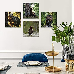 OTOSTAR 4 Pieces Wall Art Canvas Prints - Forest and Bear Picture Painting - Modern Wall Artwork Framed for Gifts Bathroom Home Kitchen Office Decor - 12 x 12 Inch