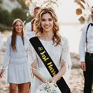 Just Married Sash - 2 Piece Gold Bride and Groom Sash Set | Wedding Party Decorations Bridal Shower Engaged Decor Bachelorette Favors Supplies Gift Decor Bachelor Accessories Engagement Gifts Ribbon