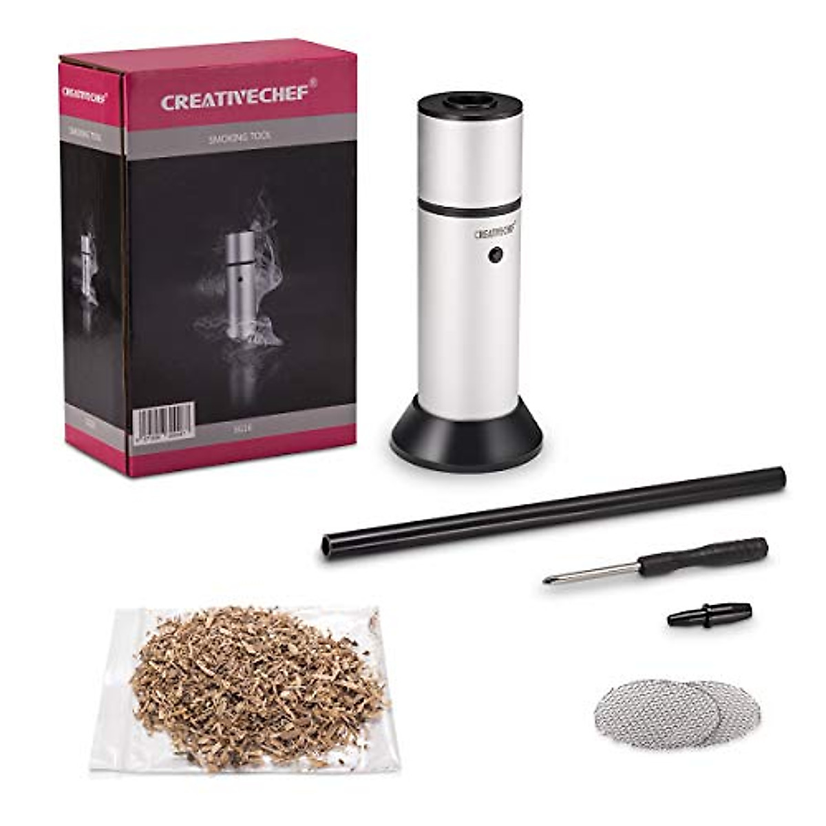 TMKEFFC Portable Smoker Gun, Handheld Smoke Infuser for Cocktail Food Drink Smoking, Enhance Taste for Meat, Sous Vide Steak, Grill, BBQ, Popcorn, Cheese, Wood Chips Included, Silver