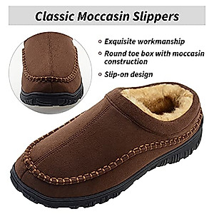 FLYFUPPY Men's Moccasin Slippers Fluffy Lining Microsuede Upper for Indoor/Outdoor Cozy Comfort Brown Size 12
