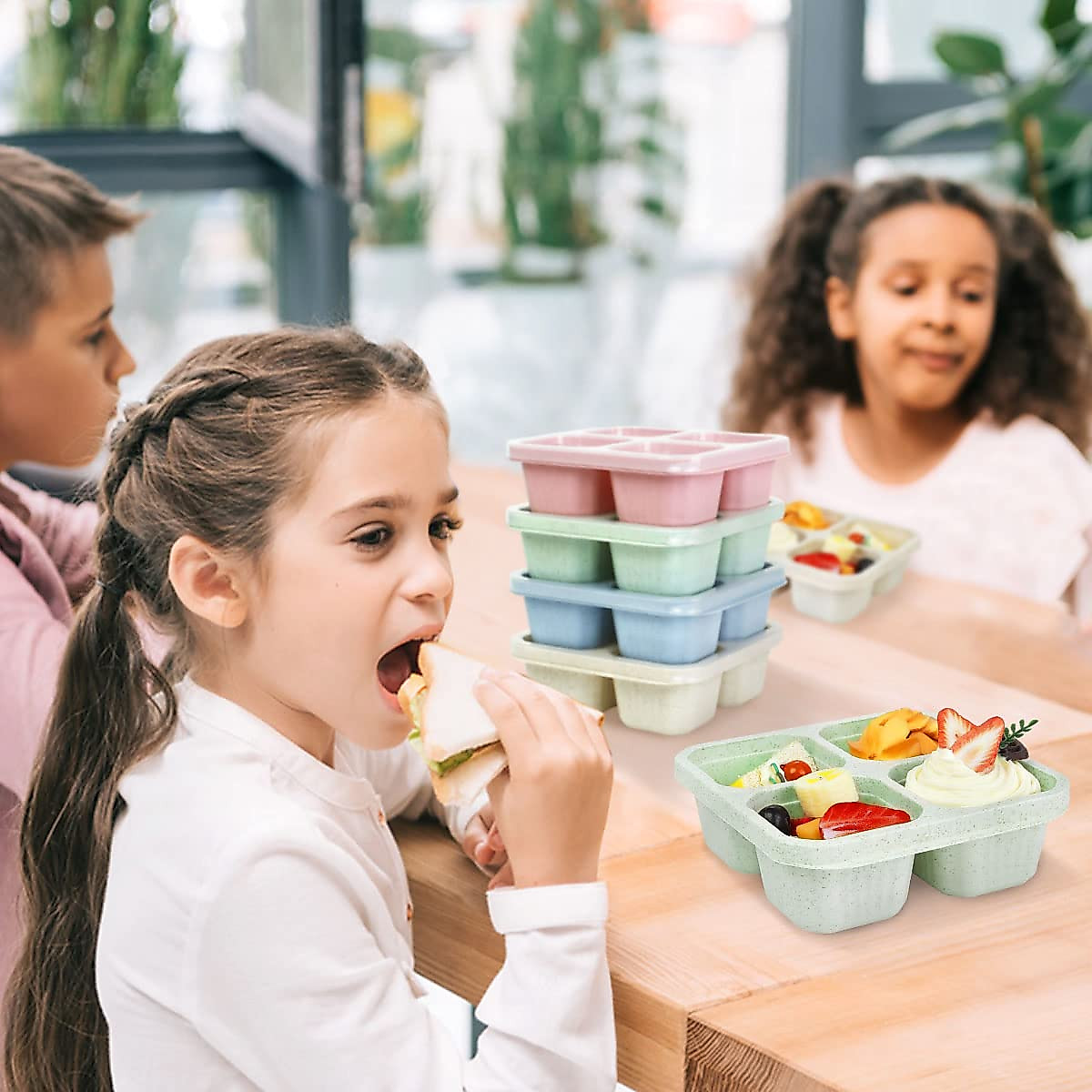 Korlon 6 Pack Snack Containers, 4 Compartments Snack Boxes for Kids, Wheat Straw Meal Prep Reusable Food Storage Lunch Containers for Adults & Kids