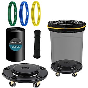AngeLvet Trash Can Dolly Compatible with Brute Trash Can 55 Gallon 1.5 Mil Trash Bags 50 Bags with Ties and Rubber Bands | Heavy-Duty | 5 Caster | 500 Lb Capacity | 18 inch Black