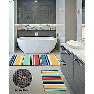 Kitchen Runner Rugs Set of 2, Colorful Stripes Yellow Teal Red Blue Wood Texture Rubber Non-Slip Area Collection Rug High Traffic Areas for Hallway,Bathroom, Laundry Room Rug Mat 16"x24"+16"x47"