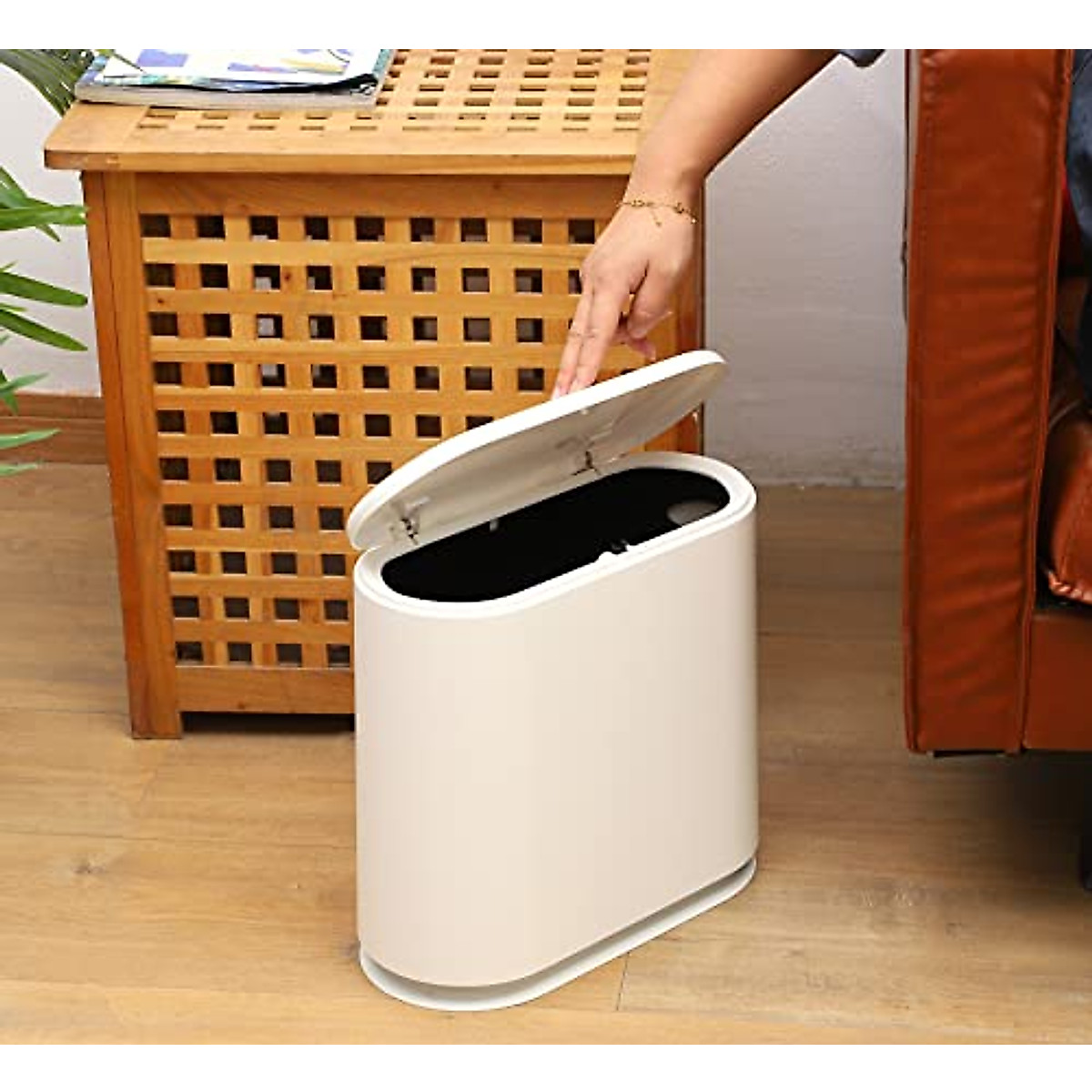 KLGO 10 Liter Rectangular Plastic Trash Can Wastebasket with Press Type Lid,2.4 Gallon Garbage Container Bin for Bathroom,Powder Room,Bedroom,Kitchen,Craft Room,Office (White)