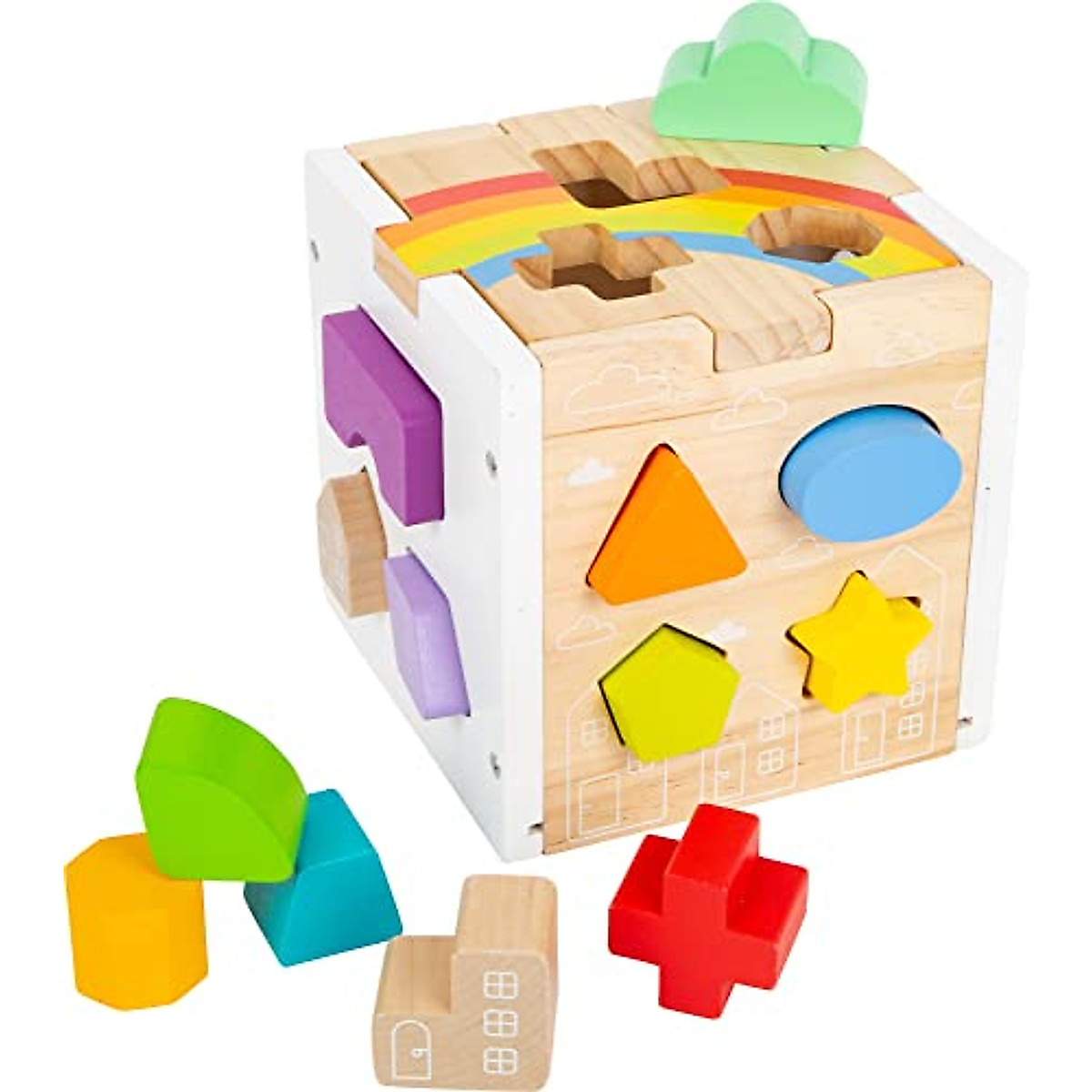 Wooden Rainbow Shape Sorter Cube – Sorting Toy with 13 Geometric Shapes & Removable Lid – Educational Game for Dexterity & Fine Motor Skills – Teaches Counting, Shapes and Colors – Ages 12+ Months