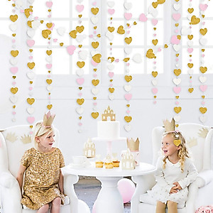 52 Ft Pink and Gold White Love Heart Garland Hanging Paper Streamer Banner for Anniversary Mother's Day Valentines Day Bachelorette Engagement Wedding Bridal Baby Shower Birthday Party Decorations