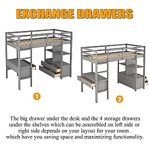 Harper & Bright Designs Twin Size Loft Bed with Desk and Storage, Solid Wood Twin Loft Bed with Storage Shelves and Drawers for Girls Boys Teens Adults,No Box Spring Needed (Twin,Grey)