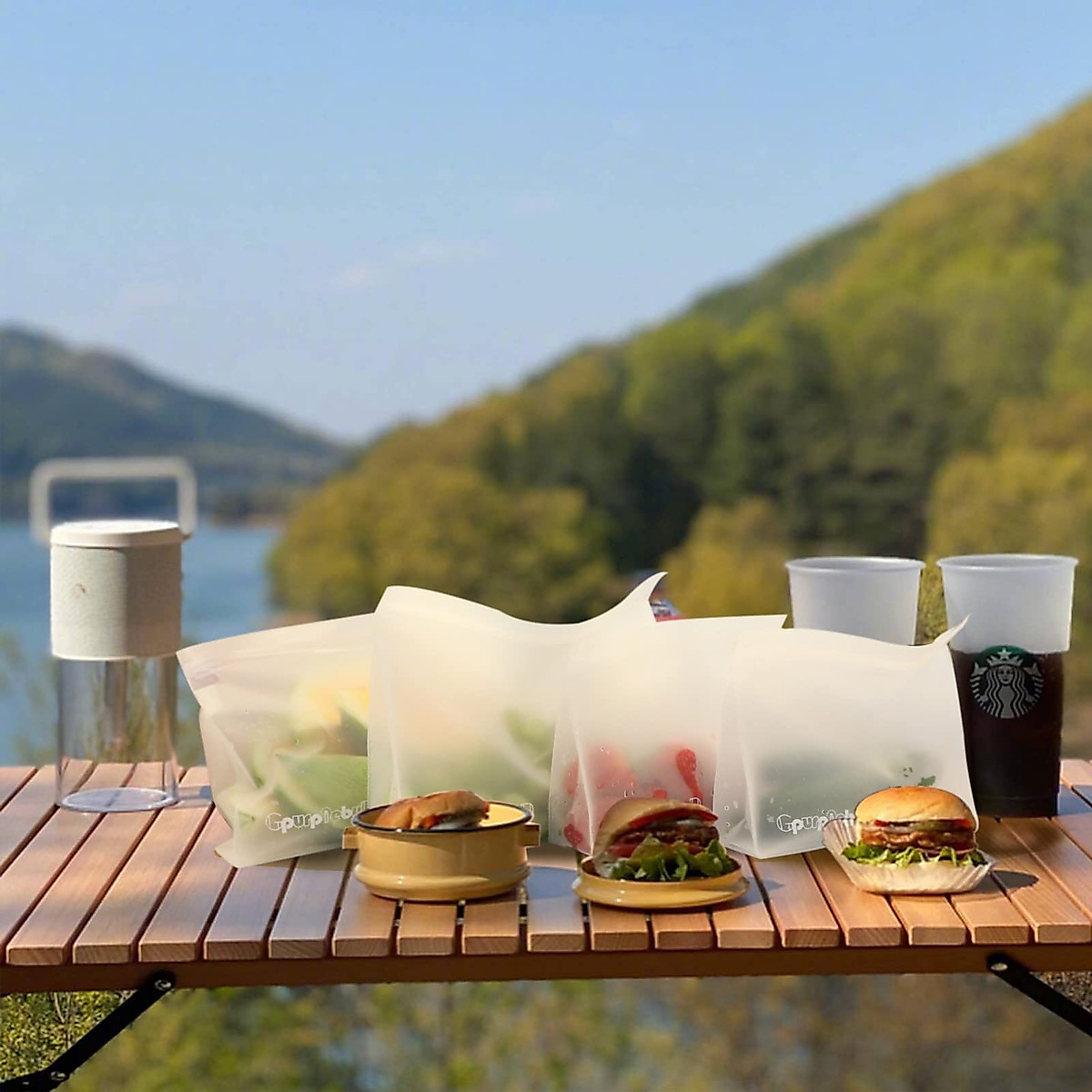 Reusable Freezer Bags, 4 Pack PEVA Material Reusable Storage Bags, Leak proof Reusable Bags Silicone, Plastic Free for Fruit, Marinate Meat, Cereal, Sandwich, Snack, Travel Items