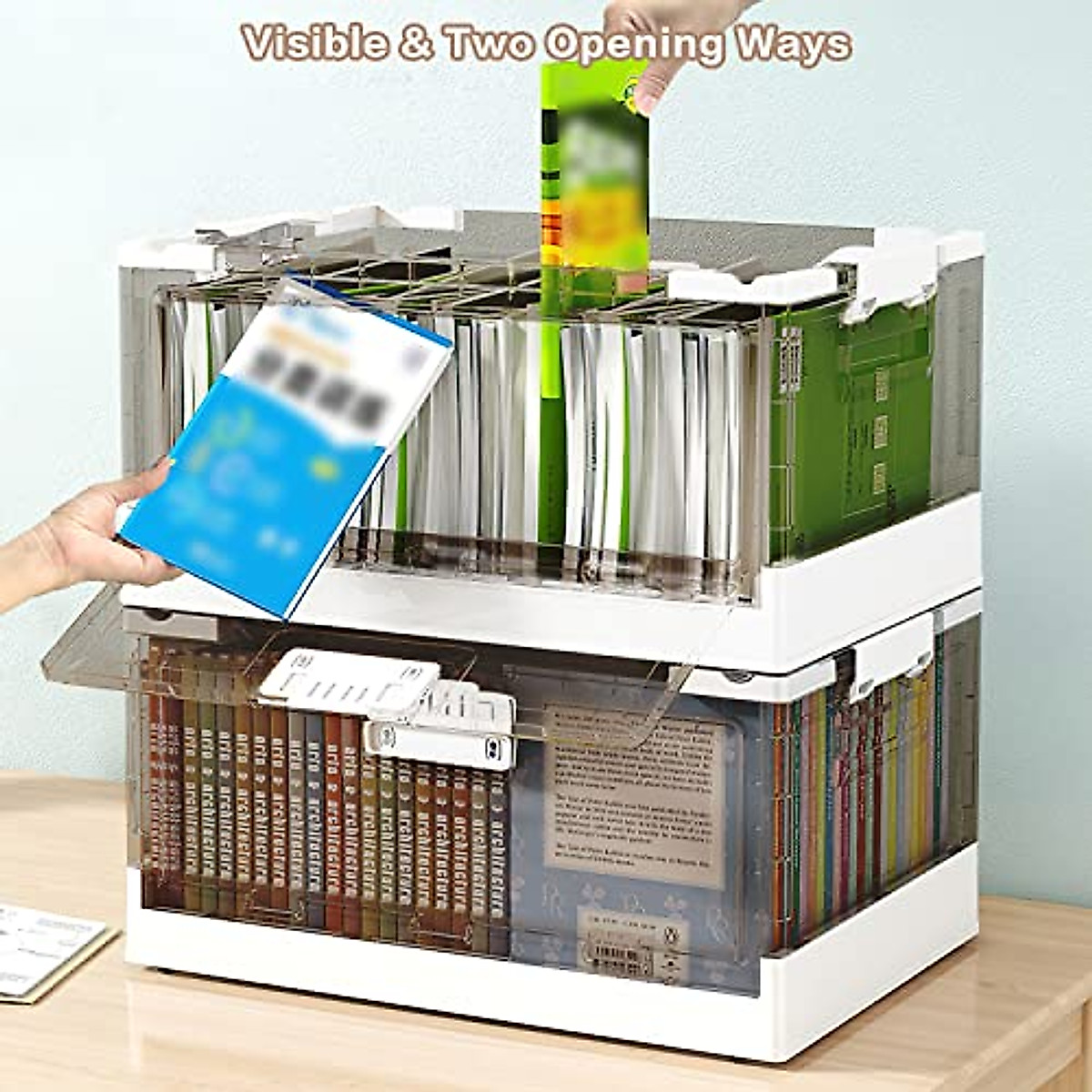 Dollox 2 Pack Plastic Storage Bins with Lids, Stackable Clear Storage Bins Storage Cart Foldable Box with Wheels Storage Box Totes for Home Room Organizer