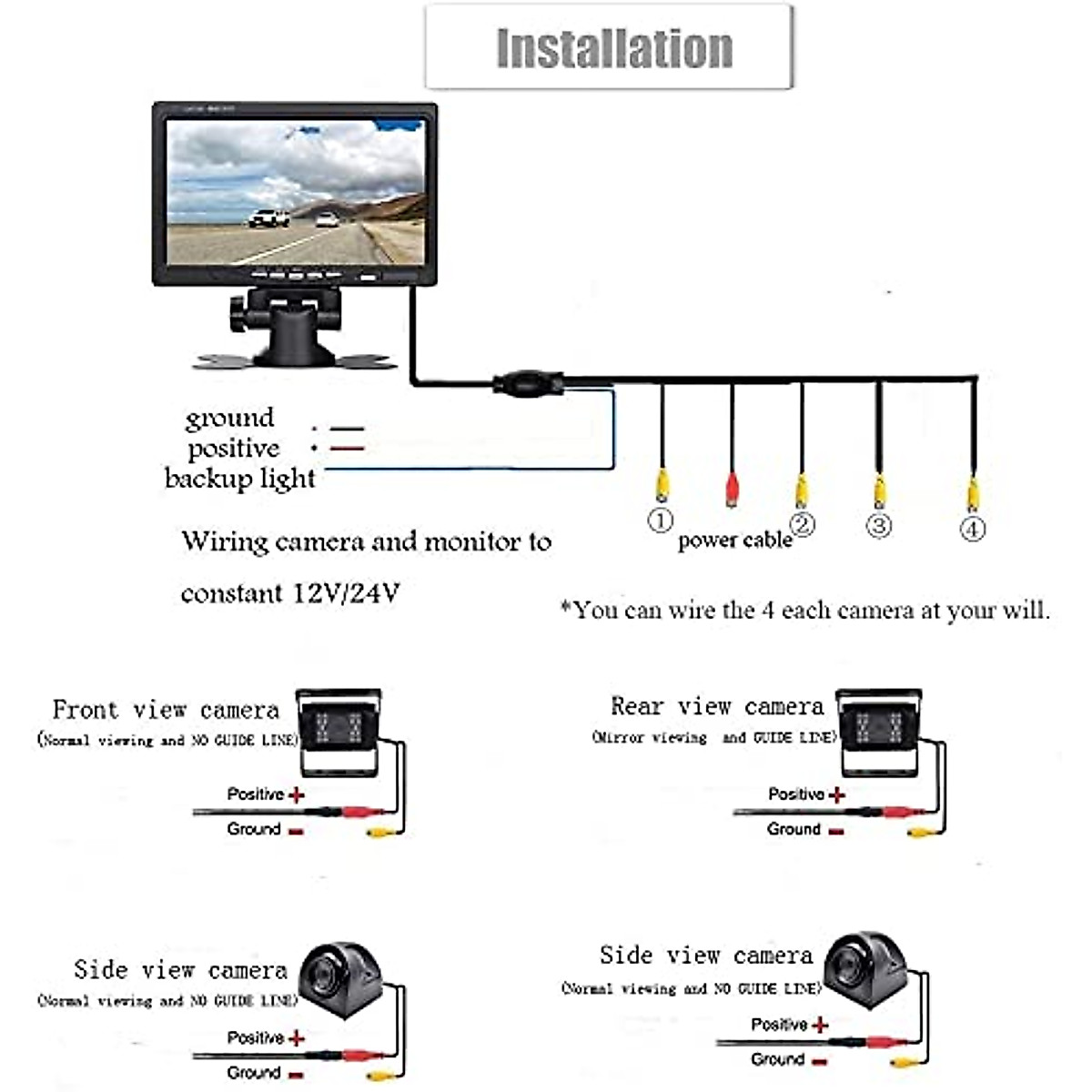 Backup Camera Kit 7 inch 4-Spilt Monitor Rear View Cameras with IP 67 Waterproof 18 IR Night Vision Car Camera for Tucks, RVs,Trailers,Bus,Vans + 4pcs 10m/393.7inch Cables