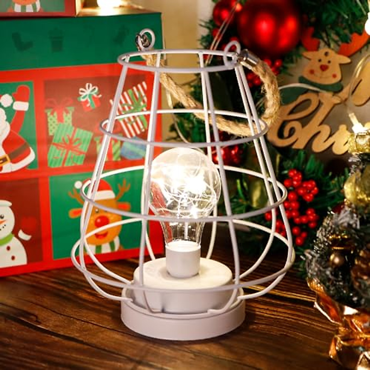 JHY DESIGN Decorative Cage Bulb Lamp Battery Powered Lights 8.5" Tall Cordless Accent Light with Edsion Style Bulb Great for Weddings Parties Patio Events for Indoors Outdoors(White)