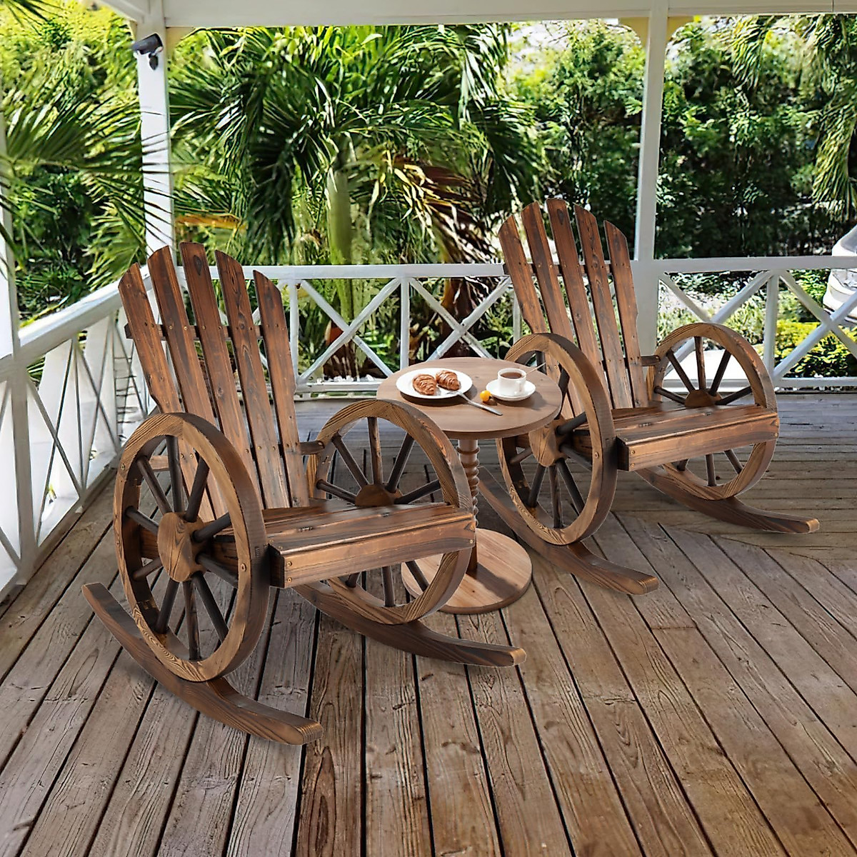 FURNDOOR Wooden Wagon Wheel Rocking Chair Set, 3PCS Outdoor Rocking Bistro Set Rustic Rocker with Coffee Table for Backyard Porch Poolside Lawn