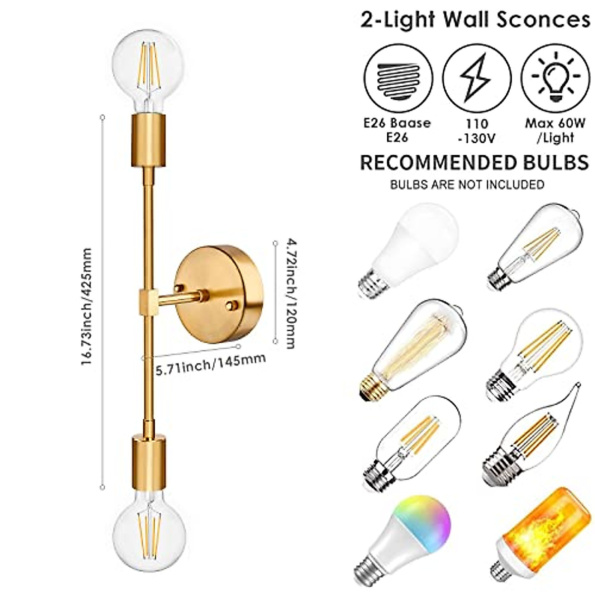SunRider 2-Light Vanity Light Fixtures, Gold Bathroom Wall Sconce Mid Century Modern Wall Mounted Lamp Brushed Golden Sconce Indoor Vintage Wall Light